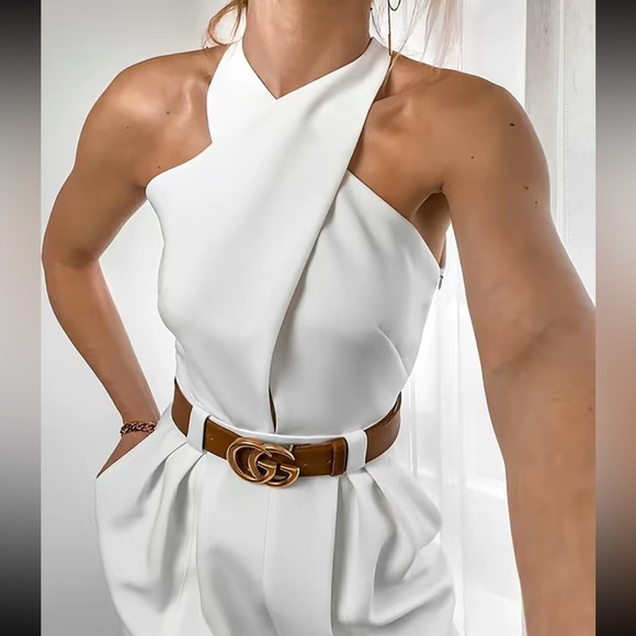 Tops | Luxe White Cross Cross Halter Top | Poshmark